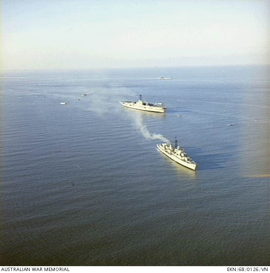 Vung Tau, South Vietnam. November 1968. Troopship carrier HMAS Sydney ...