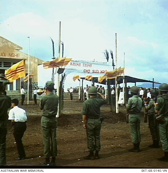 Phuoc Tuy Province, South Vietnam. 1968. The flag raising ceremony and ...