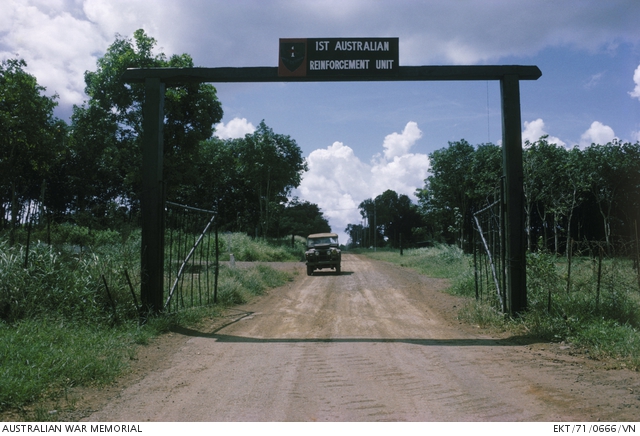 Nui Dat, South Vietnam. 1971. Sign sits over the entrance to 1st ...