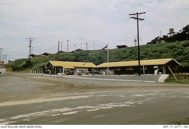 Vung Tau, South Vietnam. 1971. Two buildings at the main entrance to ...