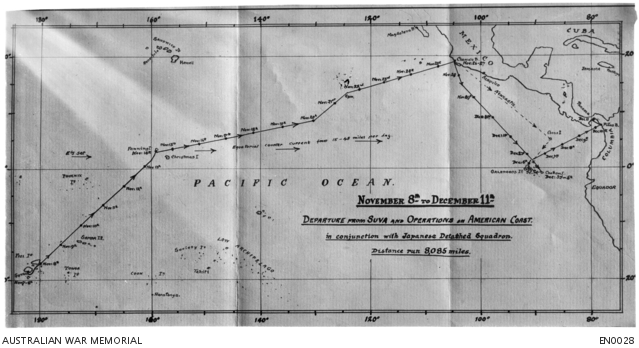 A map showing the course taken by HMAS Australia between 8 November and ...