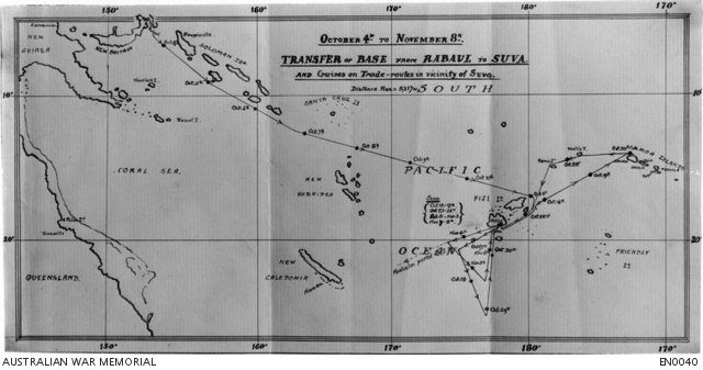 A map showing the course taken by HMAS Australia between 4 October and ...