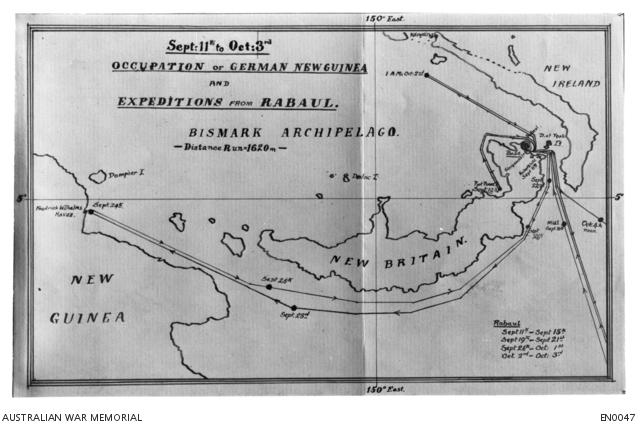 A map showing the movements of HMAS Australia between 11 September and ...