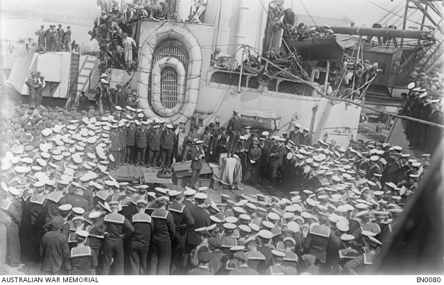 Seamen crowd around Australian Prime Minister The Hon William Morris ...