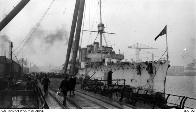 The light cruiser HMAS Brisbane at the docks where she was undergoing ...