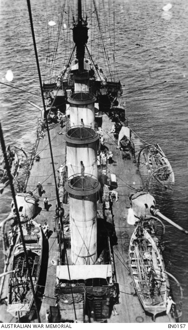 An elevated view of the decks of HMAS Melbourne, showing its four ...