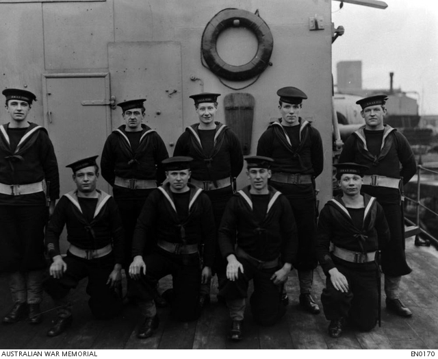 Group portrait of unidentified members of the ship's guard aboard HMAS ...