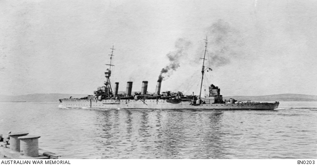 The light cruiser HMAS Melbourne at the anchorage of the British Navy's ...