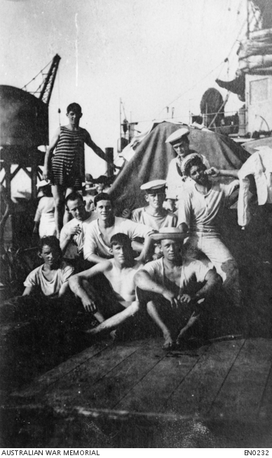 Informal group portrait of nine unidentified seamen from HMAS Sydney who were having a swim ...