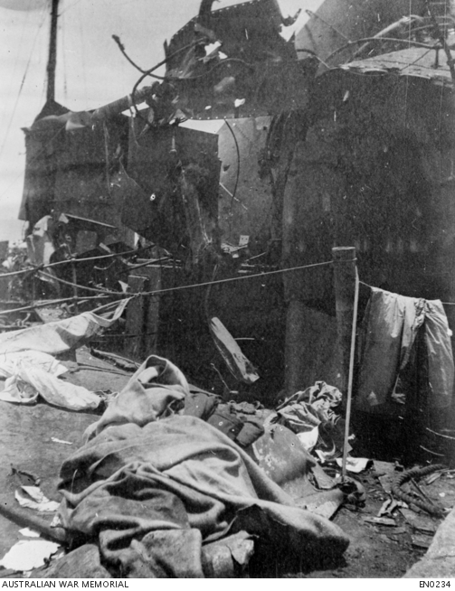 The wreckage of the bridge and conning tower on the German raider Emden ...