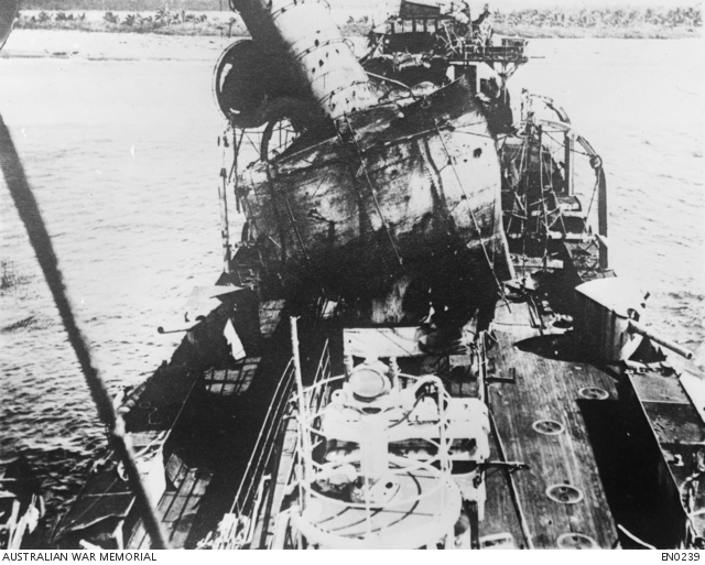 Looking towards the bridge on the German raider Emden after her ...