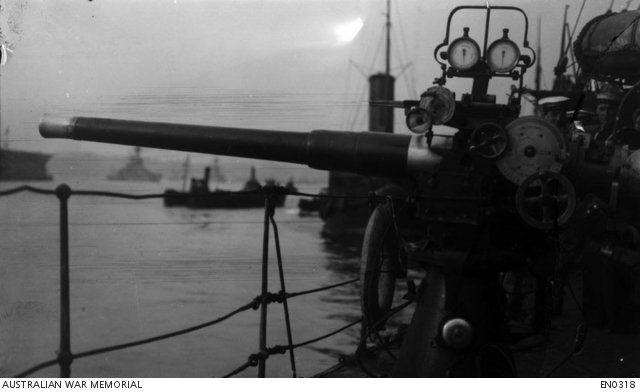 A 3 inch quick firing gun mounted on the destroyer HMAS Huon at the ...