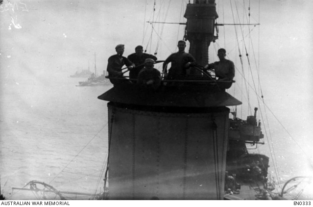 Group portrait of five unidentified stokers aboard HMAS Sydney. They ...