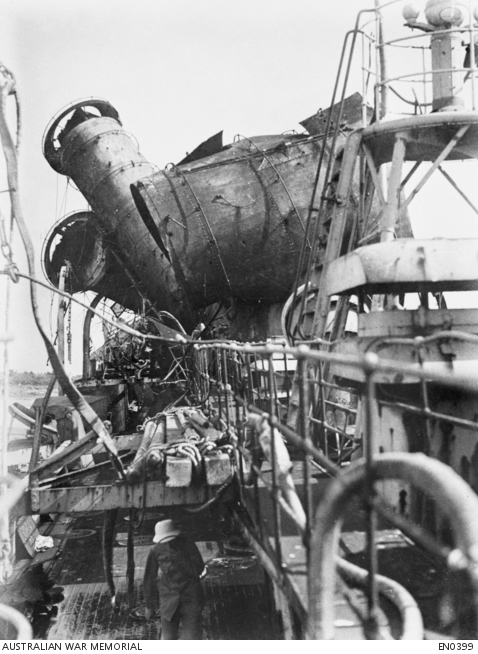 Wreckage on the deck of the German commerce raider Emden after her ...