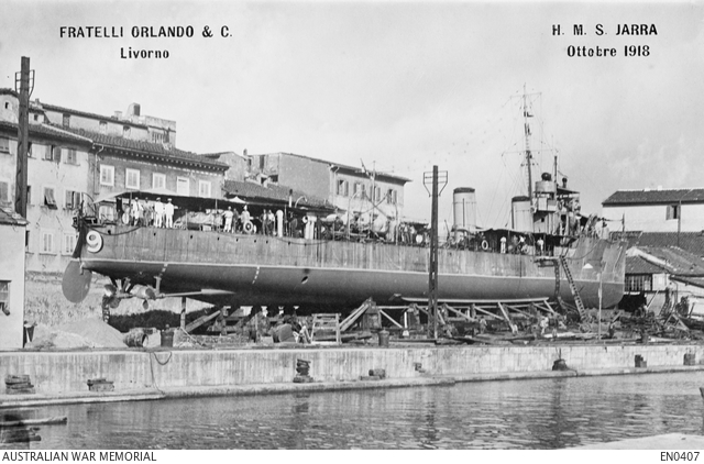 The destroyer HMAS Yarra at a dry dock in Italy. She was probably ...