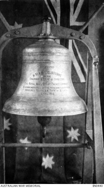 The ship's bell on board HMAS Melbourne. The inscription reads ...
