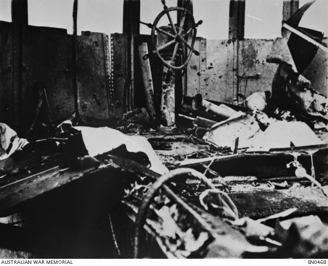 The wrecked forebridge of the German commerce raider Emden after she ...