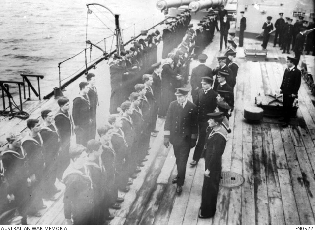 Captain Oliver Backhouse CB, RN, inspects the ship's company on board ...