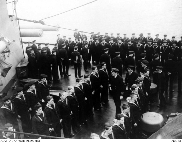 Captain Oliver Backhouse CB, RN, inspects the ship's company on board ...
