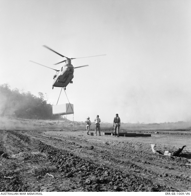 South Vietnam. 1968-11-13. A Chinook helicopter approaches a heli-pad ...