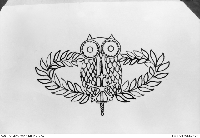 Mekong Delta, South Vietnam. November 1971. The owl insignia, the badge ...
