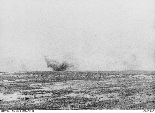 Bombardment on the Somme. An artillery shell, possibly British, falling ...