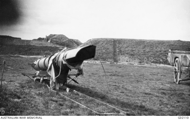A portable torpedo tube in an old Turkish fort at Kilid Bahr. Note the ...