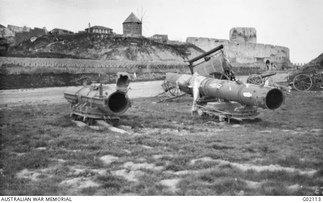 Two Turkish torpedo tubes on trucks at an old fort at Kilid Bahr. One ...