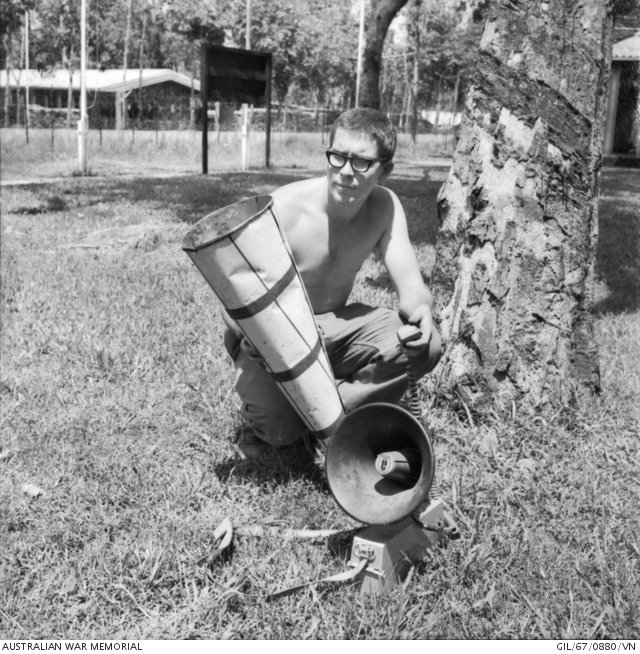 Vietnam. 1967-10. Private Kevin Keliher of Gympie, Qld, displays a ...