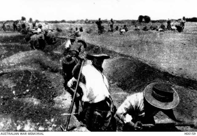 Unidentified Australian soldiers digging trenches in the desert ...