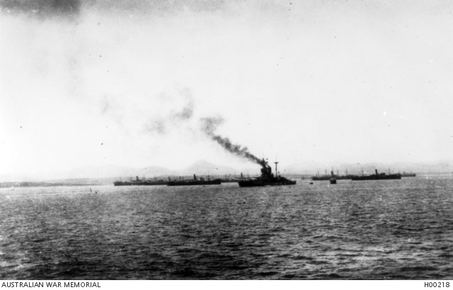 HMS Melville steaming off to the Dardanelles. Other ships and Achi Baba ...