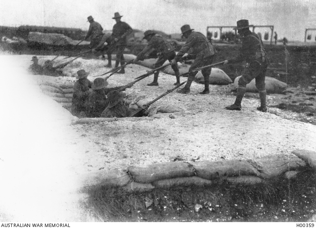 Australian soldiers at bayonet fighting practice. | Australian War Memorial