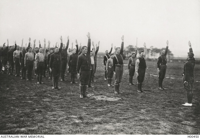 A group or Australian soldiers at physical fitness training at Larkhill ...