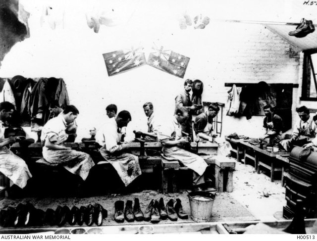 Australian soldiers repairing footwear at the Australian Red Cross ...