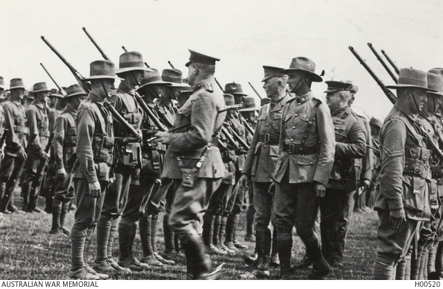 Colonel John Monash and unidentified officers inspecting the 13th ...