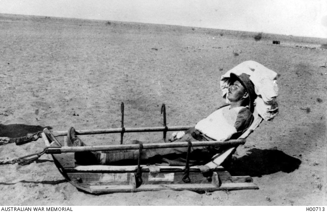 A casualty in a cacolet fitted with sand runners and often harnessed to ...