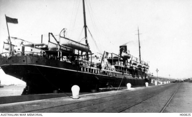 The British hospital ship HMAT Assaye moored at a wharf at Alexandria ...