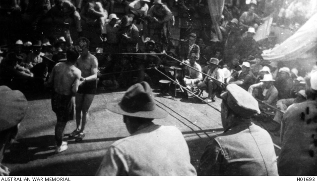 At Sea, c. 1918. The start of a boxing match between Australian ...