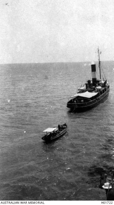PORT SAID, EGYPT. 1919. A PILOT BOAT APPROACHING HMAT TAKADA ...