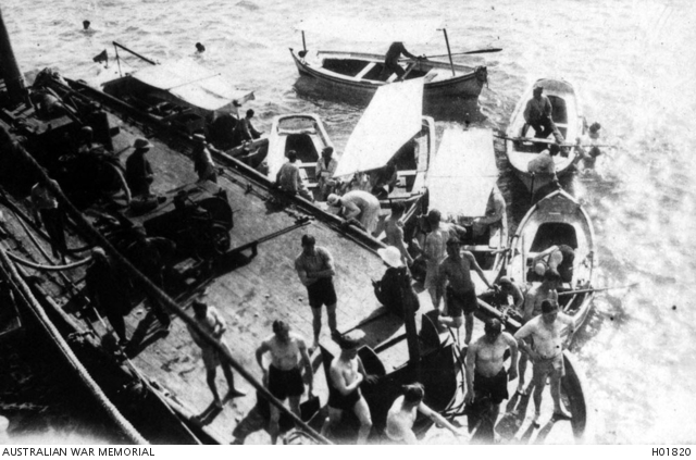PORT SAID, EGYPT. 1919. TROOPS PREPARING FOR SWIMMING ALONGSIDE HMAT ...