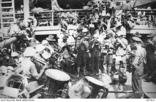 AT SEA. 1919. ARMY BAND DISPENSING MUSIC ABOARD HMAT TAKADA ...