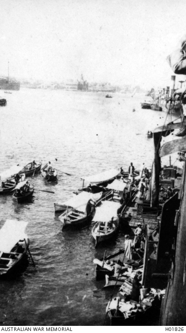 PORT SAID, EGYPT. 1919. NATIVE BOATS WAITING FOR BUSINESS AROUND HMAT ...