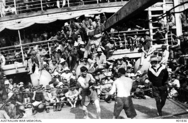 AT SEA. 1919. BOXING MATCH IN PROGRESS DURING A TOURNAMENT ON BOARD ...