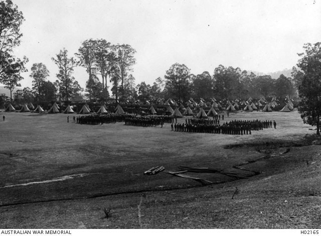 ENOGGERA, QUEENSLAND. C.1915. TROOPS ON PARADE AT THE FRASER'S PADDOCK ...