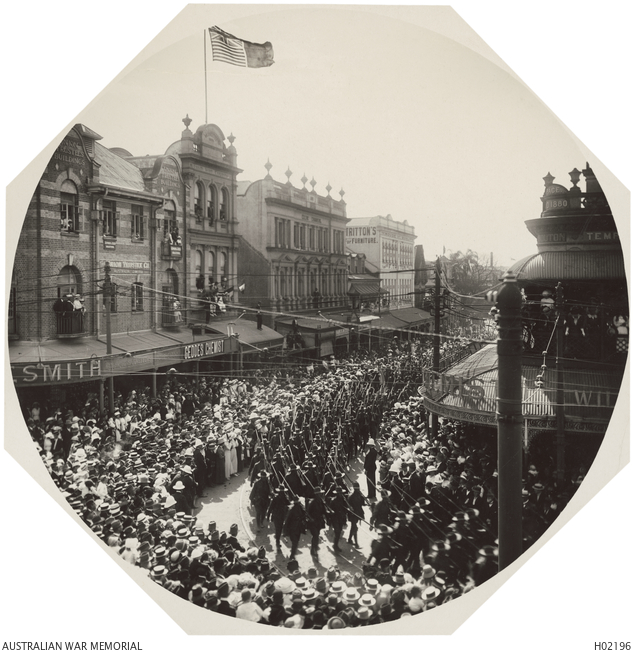 Brisbane, Queensland. c. 1916. An Australian Army infantry unit turning ...