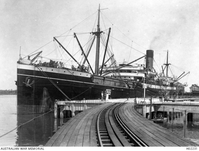 BRISBANE, QLD. 24 SEPTEMBER 1914. TROOPSHIP RANGATIRA (A22) AT PINKENBA ...