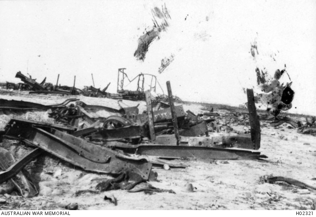 REMAINS OF TURKISH AMMUNITION TRAIN WHICH WAS BLOWN UP BY THE BRITISH ...