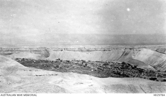 WADY EL AUJA, PALESTINE. C. 1918. THE WADY NEAR MISUTTI WITH A CAMP ...