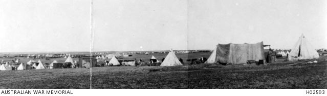 Rafa, Sinai. c. 1918. A panoramic view of the Anzac Mounted Division ...