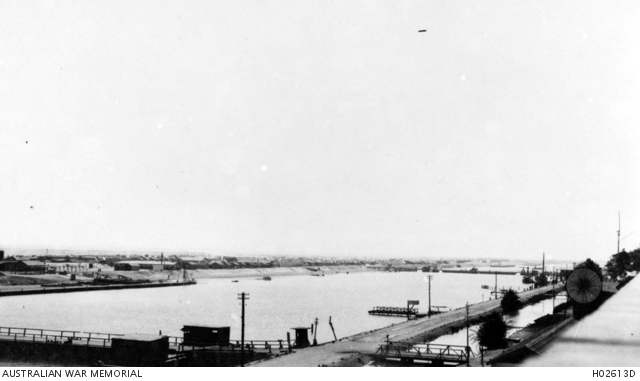 Kantara, Egypt. c. 1917. A line of wharves on the Suez Canal. (Donor M ...